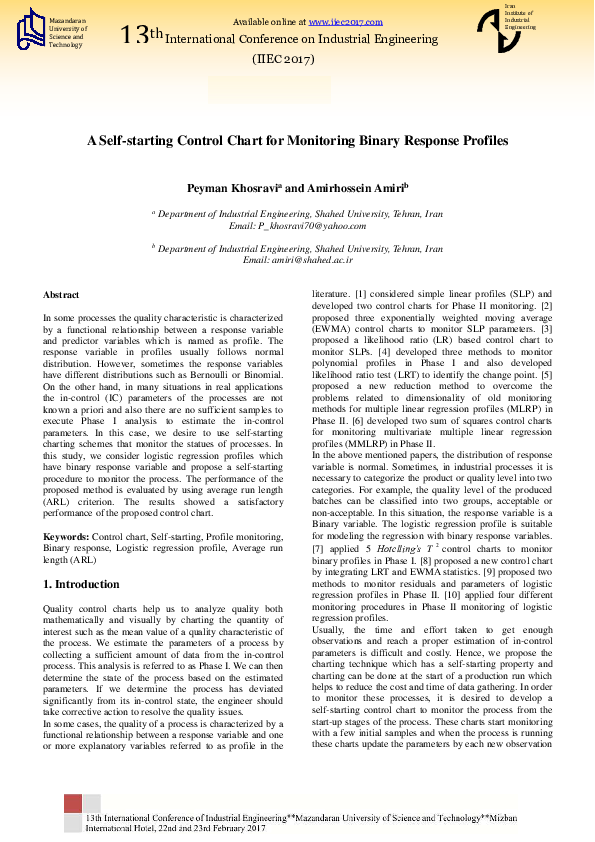 Pdf A Self Starting Control Chart For Monitoring Binary Response Profiles