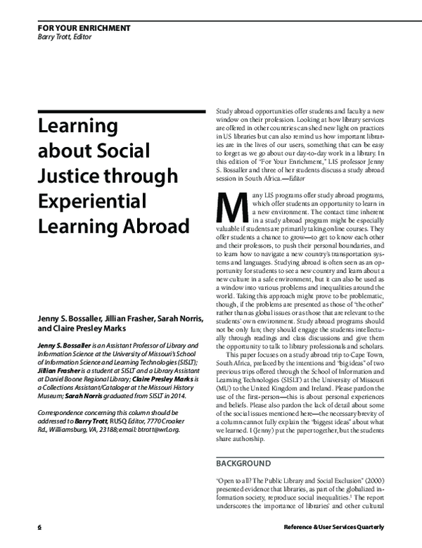 (PDF) Learning about Social Justice through Experiential Learning Abroad