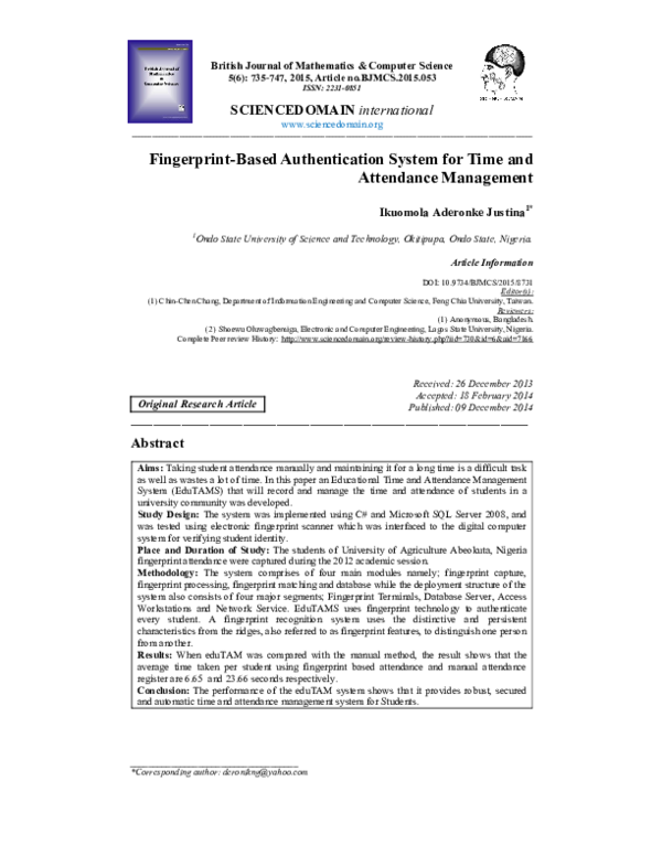 Pdf Fingerprint Based Authentication System For Time And Attendance Management 