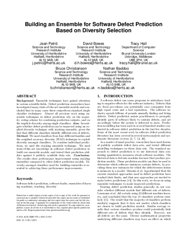 (PDF) Building an Ensemble for Software Defect Prediction Based on ...