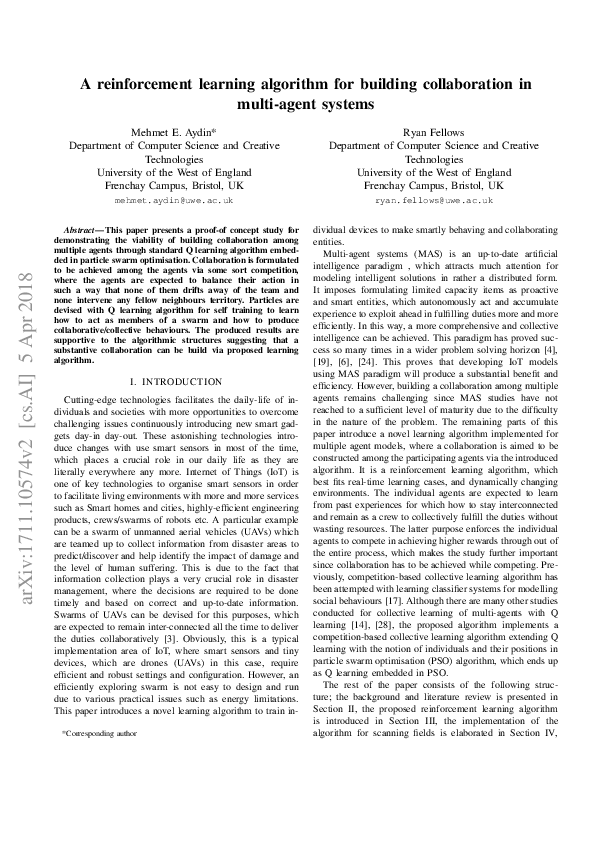Pdf A Reinforcement Learning Algorithm For Building Collaboration In Multi Agent Systems