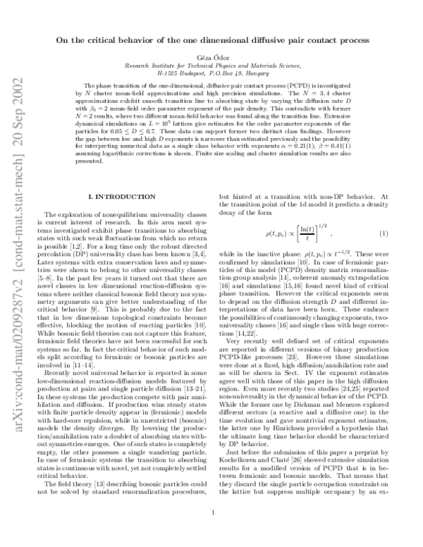 (PDF) On the critical behavior of the one dimensional, diffusive pair contact process