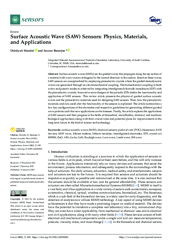 (PDF) Surface Acoustic Wave (SAW) Sensors: Physics, Materials, and Applications