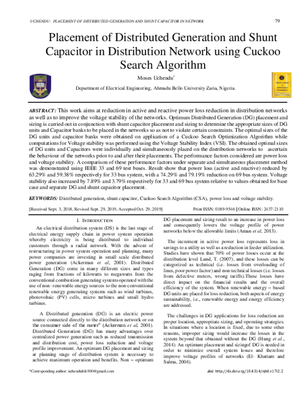 (PDF) Uchendu: Placement of Distributed Generation and Shunt Capacitor in Network