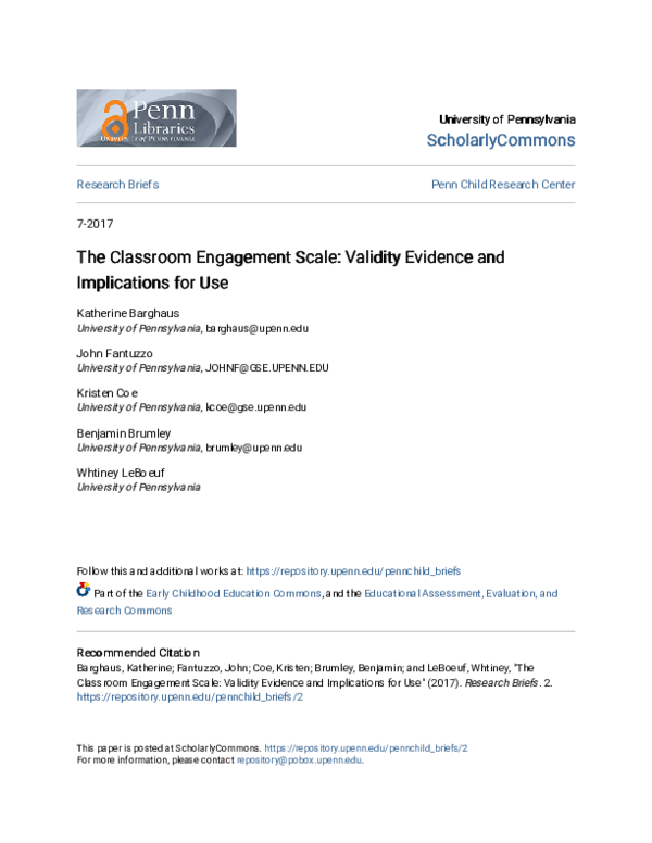 (PDF) The Classroom Engagement Scale: Validity Evidence and ...
