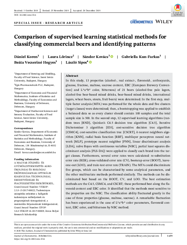 (PDF) Comparison of supervised learning statistical methods for classifying commercial beers and ...
