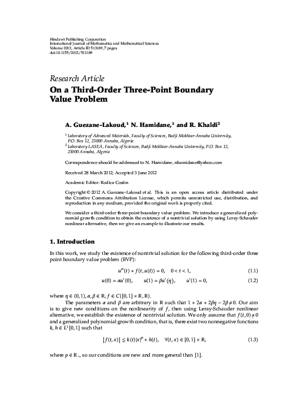 (PDF) On a Third-Order Three-Point Boundary Value Problem