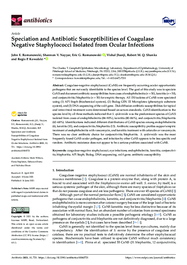 (PDF) Speciation and Antibiotic Susceptibilities of Coagulase Negative Staphylococci Isolated ...