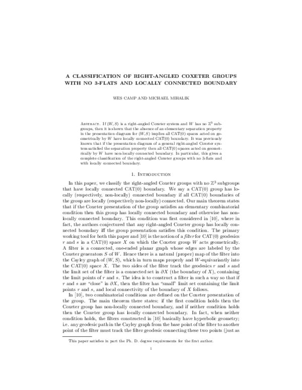 (PDF) A classification of right-angled Coxeter groups with no 3-flats ...