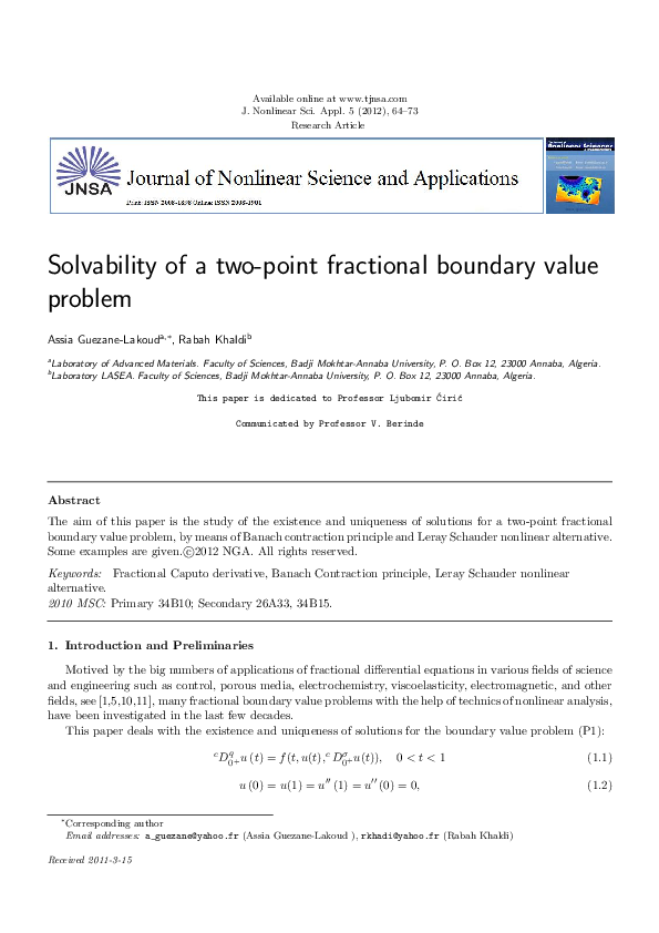 Pdf Solvability Of A Two Point Fractional Boundary Value Problem
