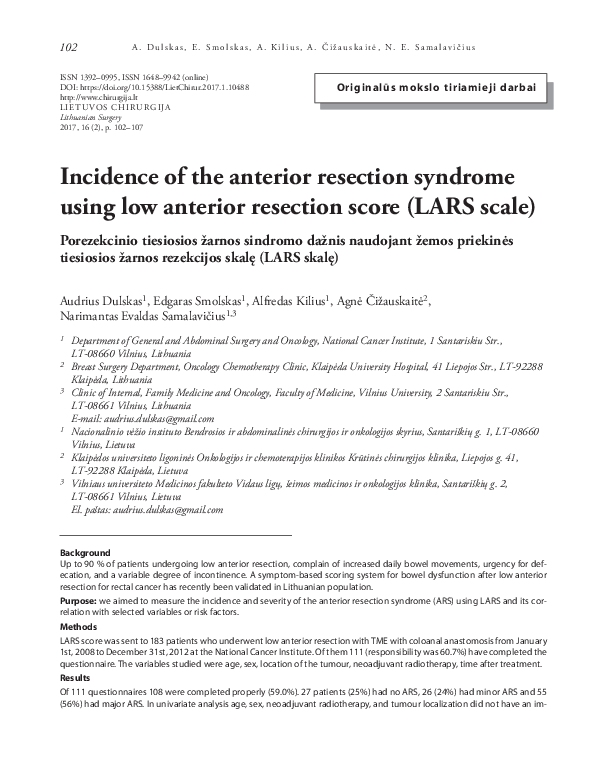 (PDF) Incidence of the anterior resection syndrome using low anterior ...