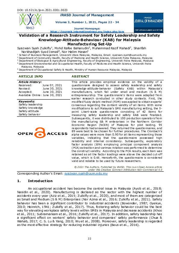 (PDF) Validation of a Research Instrument for Safety Leadership and ...