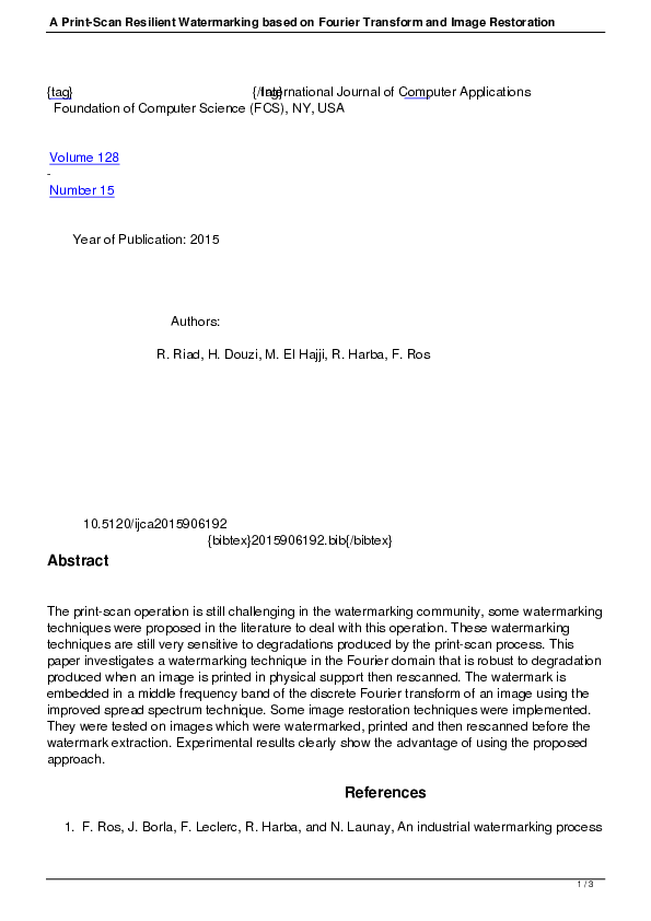 Pdf A Print Scan Resilient Watermarking Based On Fourier Transform And Image Restoration
