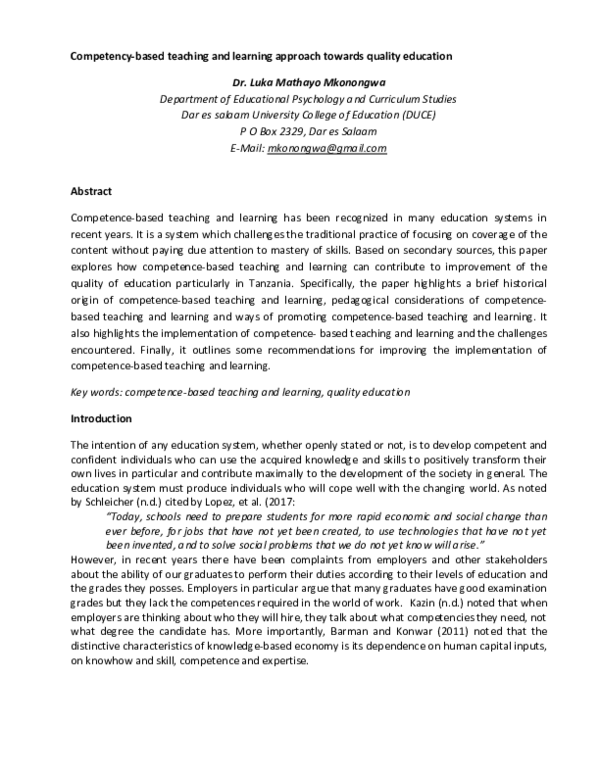 (PDF) Competency-based teaching and learning approach towards quality ...