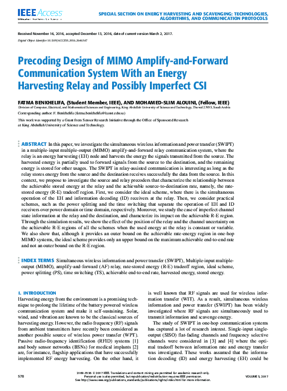 (PDF) Precoding Design of MIMO Amplify-and-Forward Communication System With an Energy ...