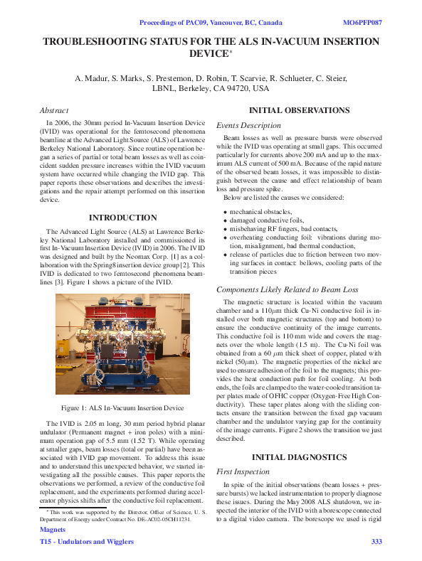 (PDF) Troubleshooting Status for the Als In-Vacuum Insertion Device∗