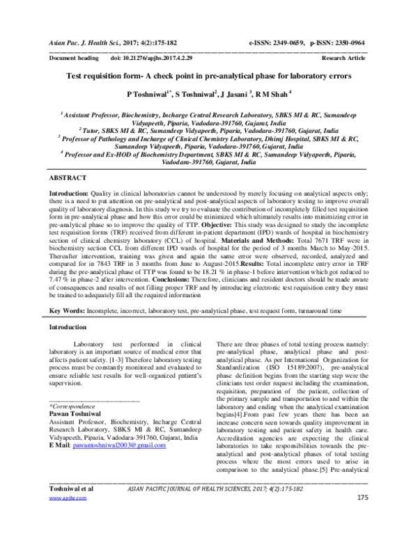 (PDF) Test requisition form- A check point in pre-analytical phase for ...