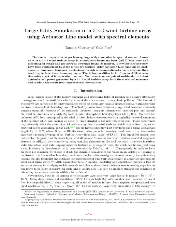 Pdf Large Eddy Simulation Of 3 X 3 Wind Turbine Array Using Actuator Line Model With Spectral