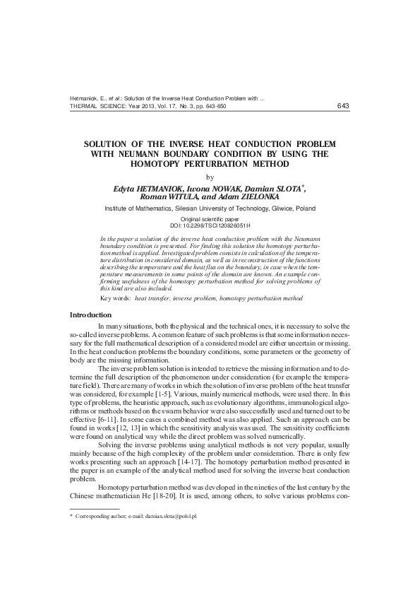 (PDF) Solution of the inverse heat conduction problem with Neumann boundary condition by using ...