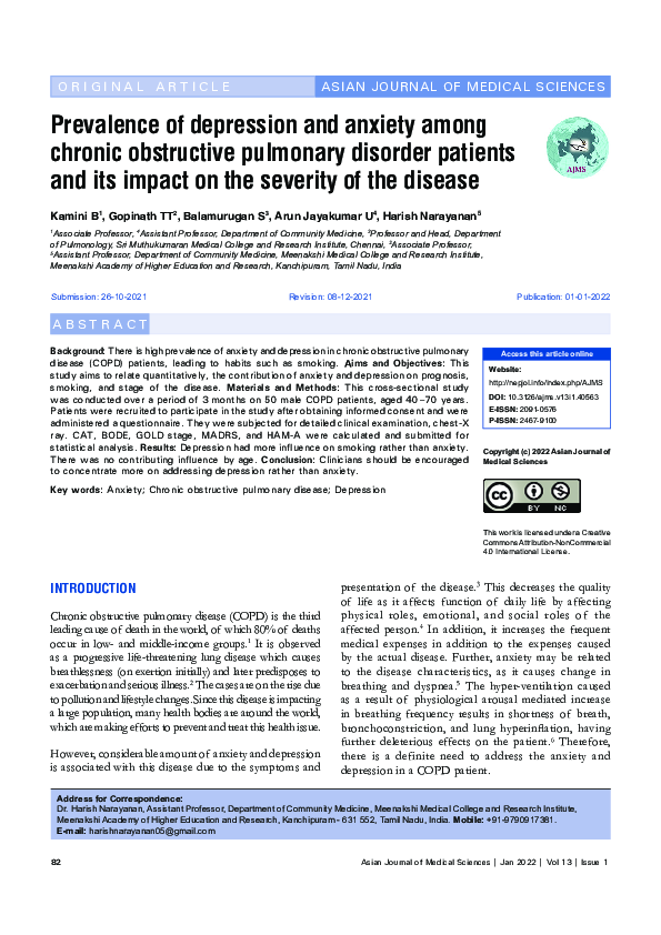 (PDF) Prevalence of depression and anxiety among chronic obstructive ...