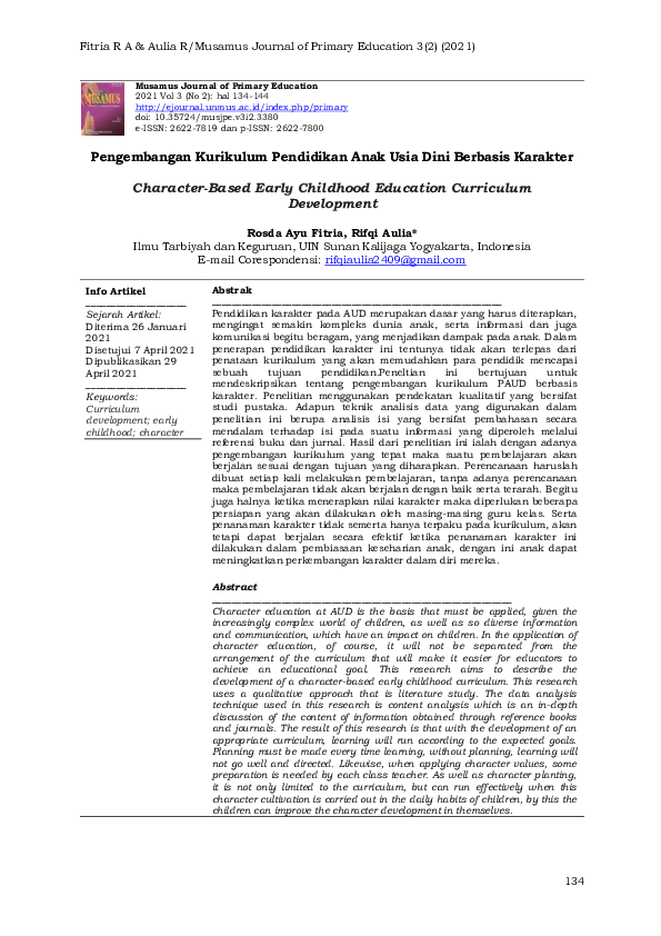 (PDF) Character-Based Early Childhood Education Curriculum Development