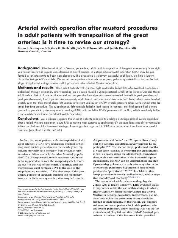 (PDF) Arterial switch operation after mustard procedures in adult ...