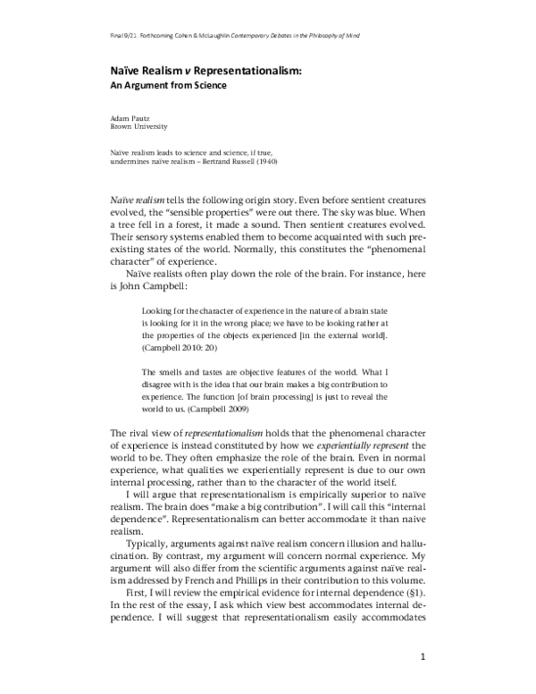 (PDF) Naïve Realism v Representationalism: An Argument from Science