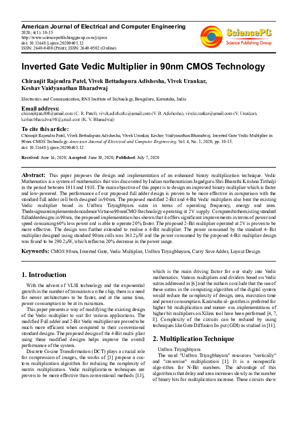 (PDF) Inverted Gate Vedic Multiplier in 90nm CMOS Technology