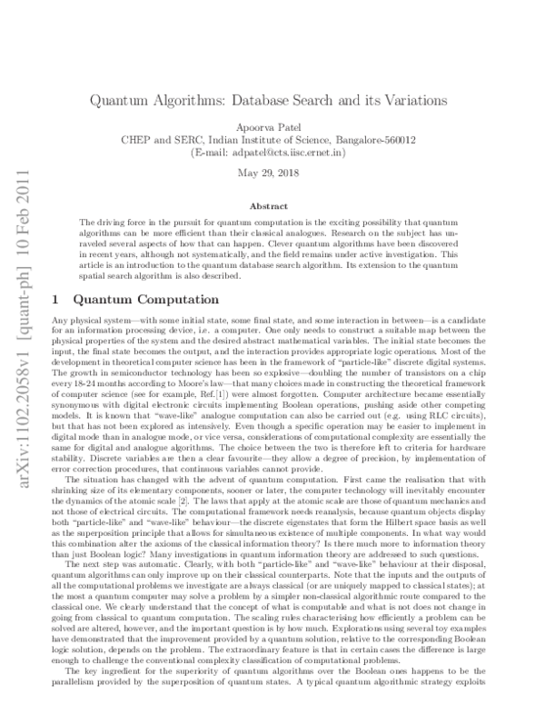 Pdf Quantum Algorithms Database Search And Its Variations