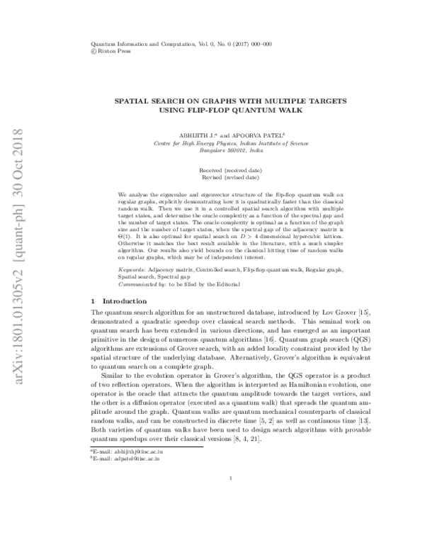 (PDF) Spatial Search on Graphs with Multiple Targets using Flip-flop Quantum Walk | Apoorva ...