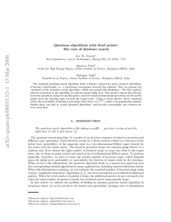 (PDF) Quantum Algorithms with Fixed Points: The Case of Database Search