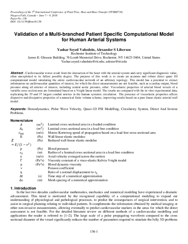 (PDF) Validation of a Multi-branched Patient Specific Computational Model for Human Arterial Systems