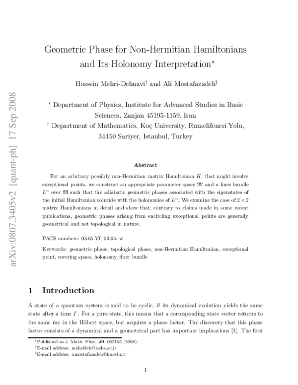 (PDF) Geometric Phase for Non-Hermitian Hamiltonians and Its Holonomy ...