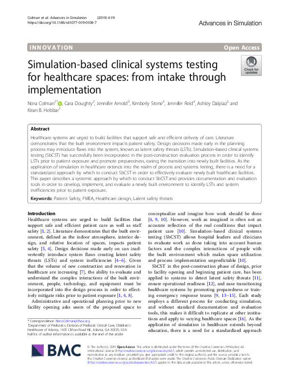 Pdf Simulation Based Clinical Systems Testing For Healthcare Spaces From Intake Through