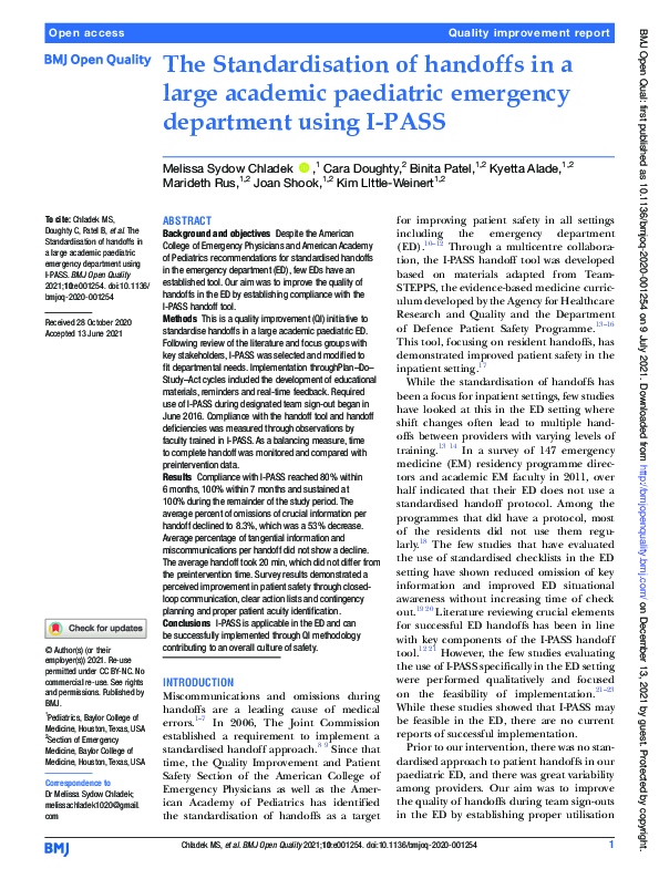 (PDF) The Standardisation of handoffs in a large academic paediatric ...