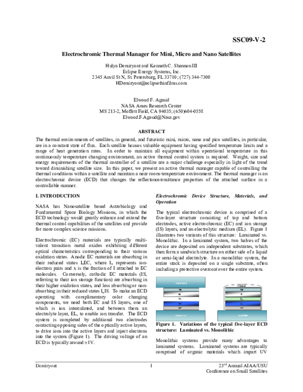 (PDF) Electrochromic Thermal Manager for Mini, Micro and Nano Satellites