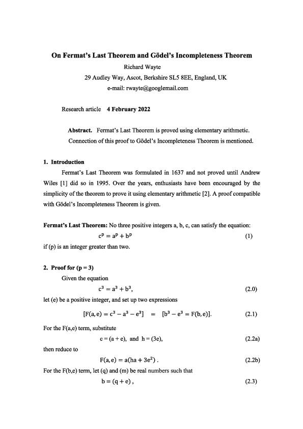 (PDF) On Fermat’s Last Theorem and Gӧdel’s Incompleteness Theorem