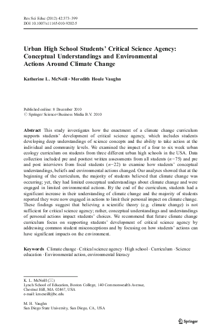 (PDF) Urban High School Students’ Critical Science Agency: Conceptual ...