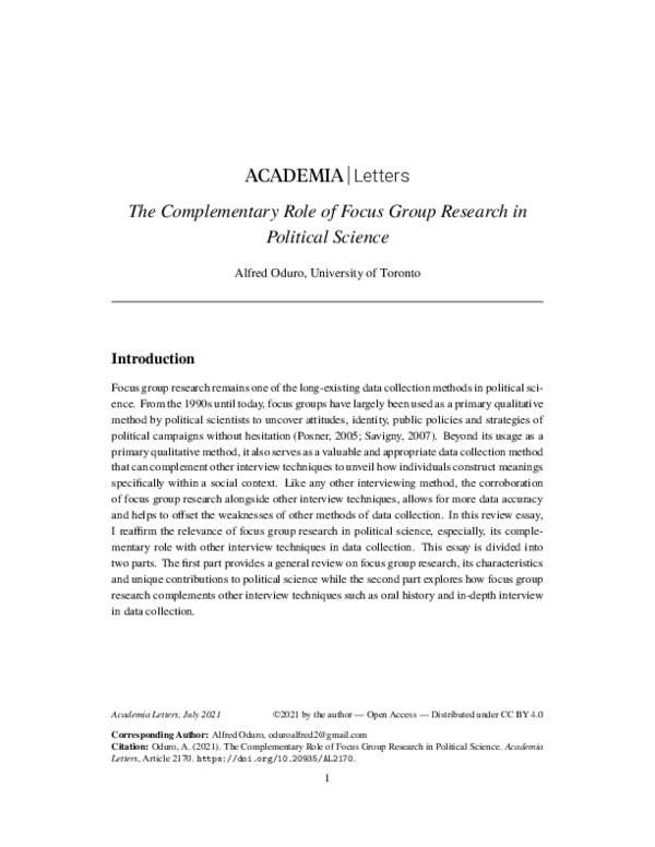 (PDF) The Complementary Role of Focus Group Research in Political Science
