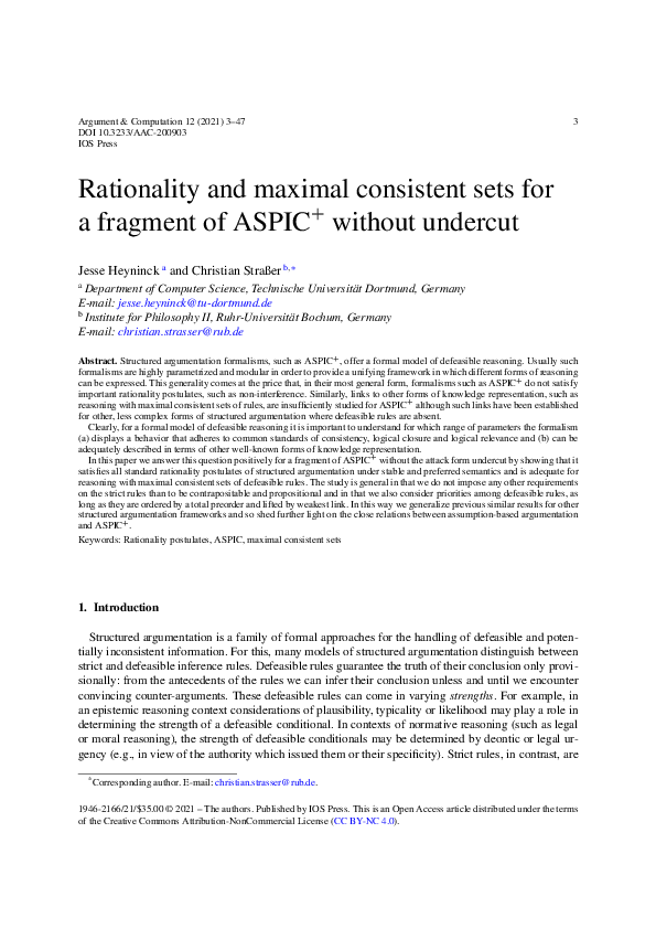 (PDF) Rationality and maximal consistent sets for a fragment of ASPIC + without undercut