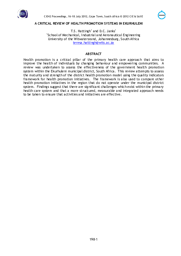 (PDF) A Critical Review Of Health Promotion Systems In A Municipal District