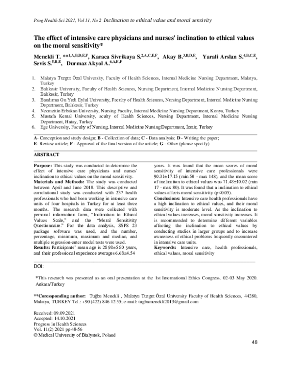 (PDF) The effect of intensive care physicians and nurses' inclination to ethical values on the ...