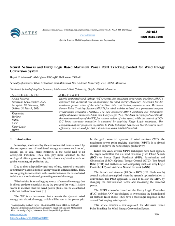 Pdf Neural Networks And Fuzzy Logic Based Maximum Power Point Tracking Control For Wind Energy