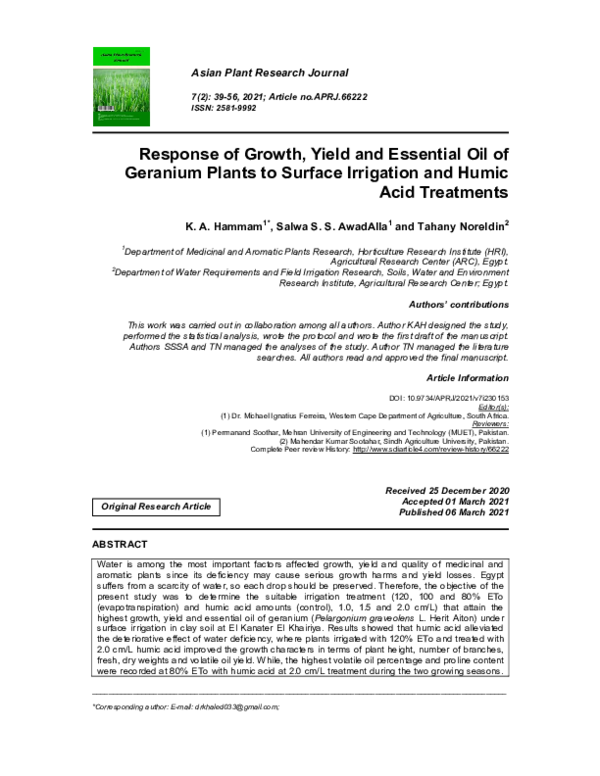 (PDF) Response of Growth, Yield and Essential Oil of Geranium Plants to ...