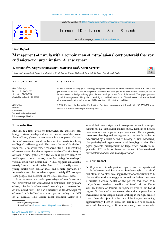 (PDF) Management of ranula with a combination of intra-lesional ...