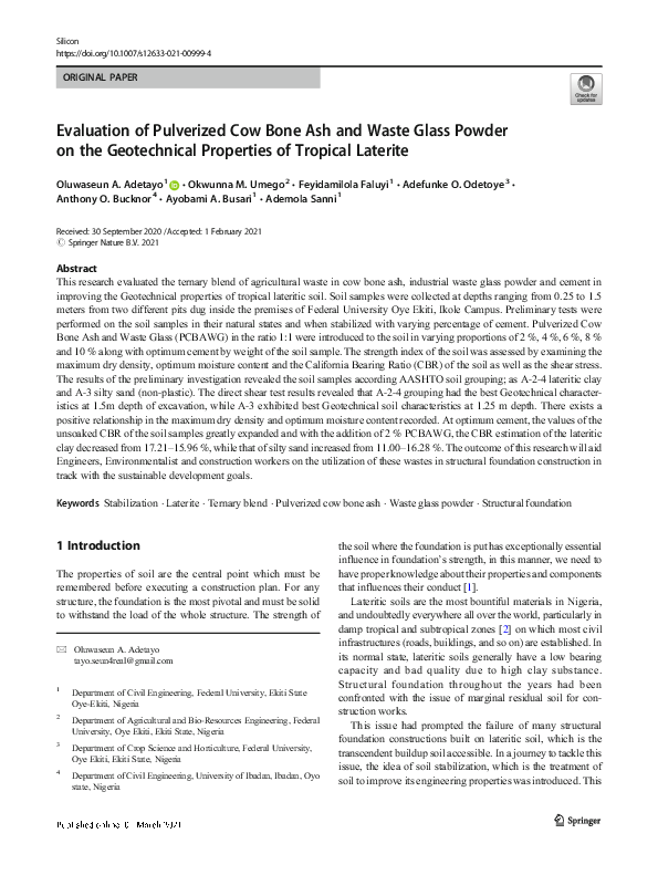 (PDF) Evaluation of Pulverized Cow Bone Ash and Waste Glass Powder on ...