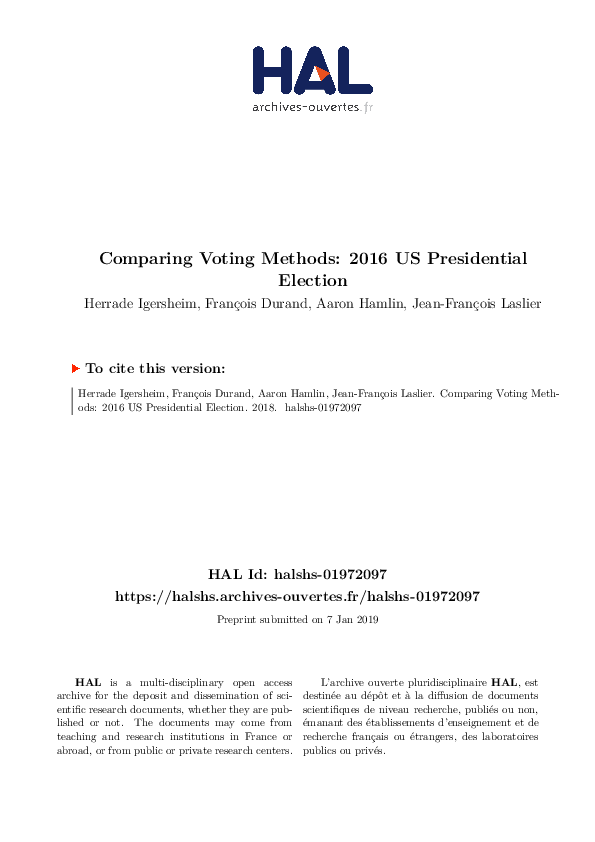 (PDF) Comparing voting methods: 2016 US presidential election