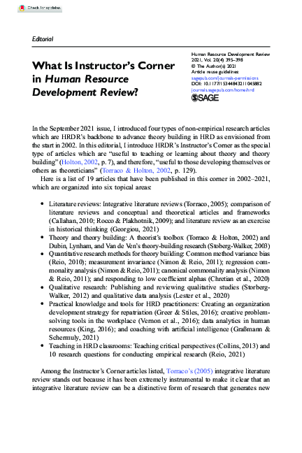 (PDF) What Is Instructor’s Corner in Human Resource Development Review?