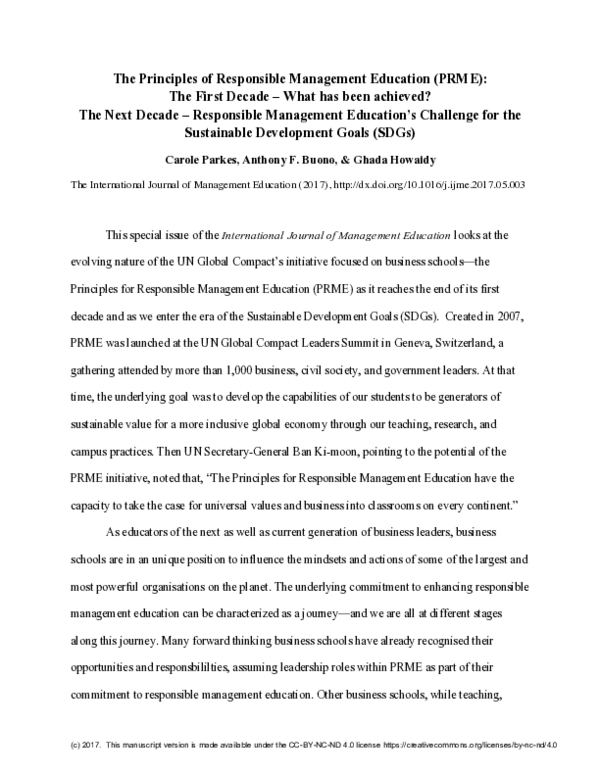(PDF) The Principles of Responsible Management Education (PRME): The ...