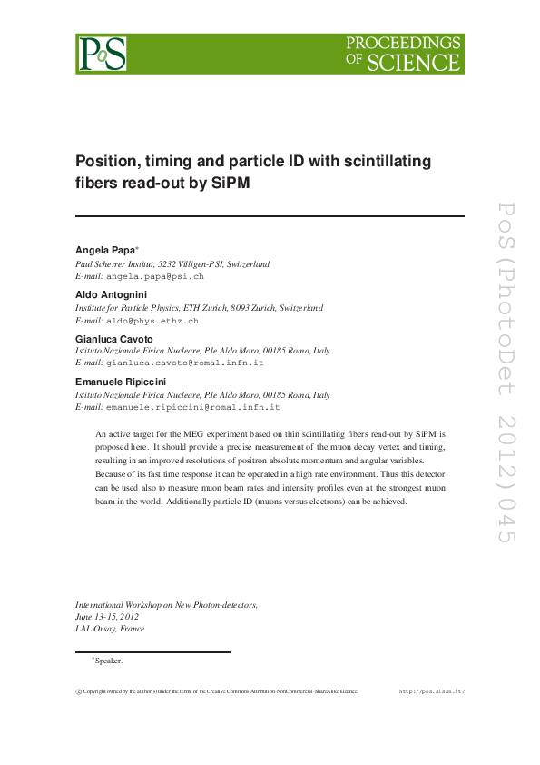 (PDF) Position, timing and particle ID with scintillating fibers read-out by SiPM | Angela Papa ...